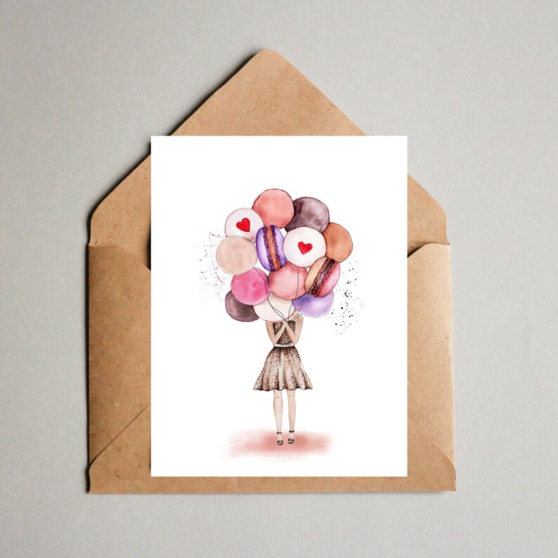Cute Greeting Card girl With Balloons, Watercolor Birthday Card, Love ...