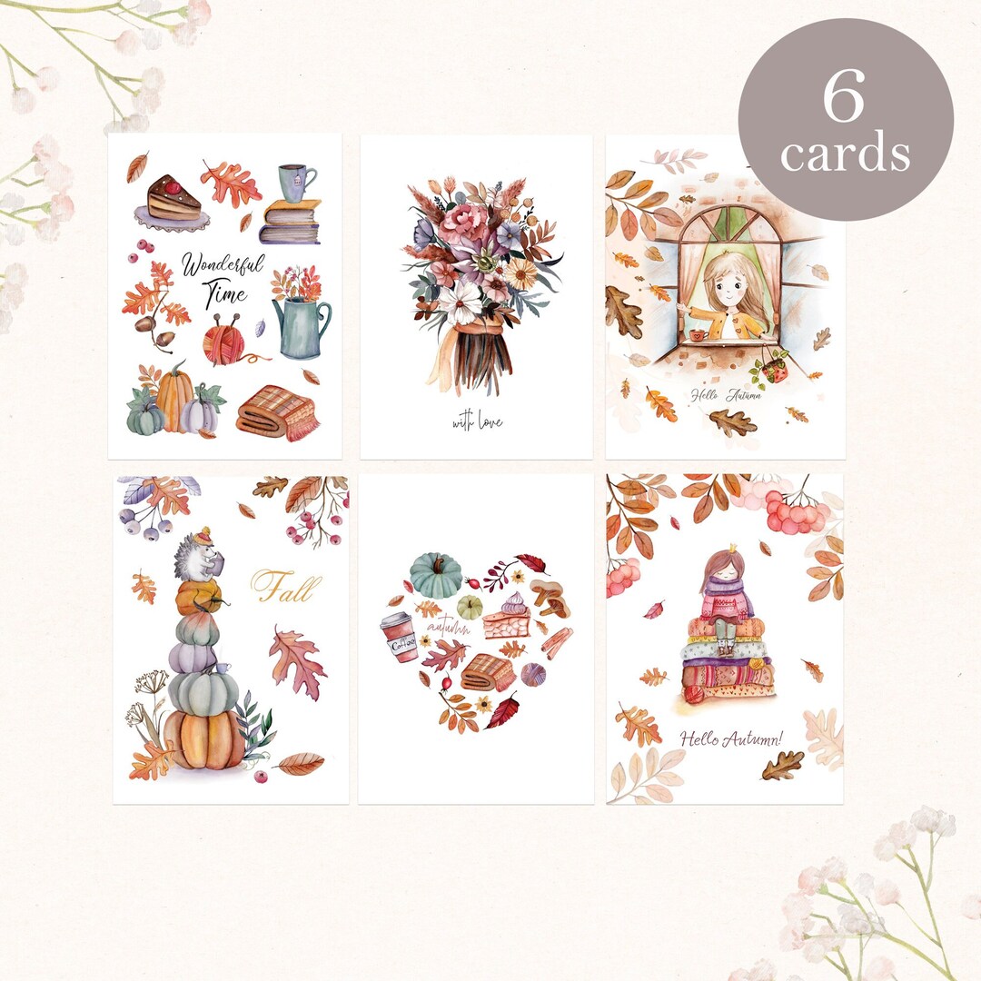 6 Autumn Cards, Set of Watercolor Fall Cards , Fall Season Cards, Cozy ...