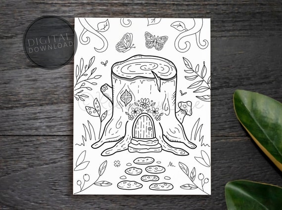 Tree Stump House Coloring Page PRINTABLE Nature Coloring | Etsy