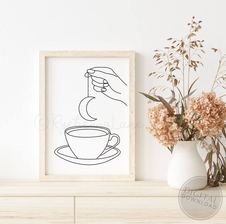 Tea Line Art Print Moon Art Print Moon Line Art Tea Drawing | Etsy