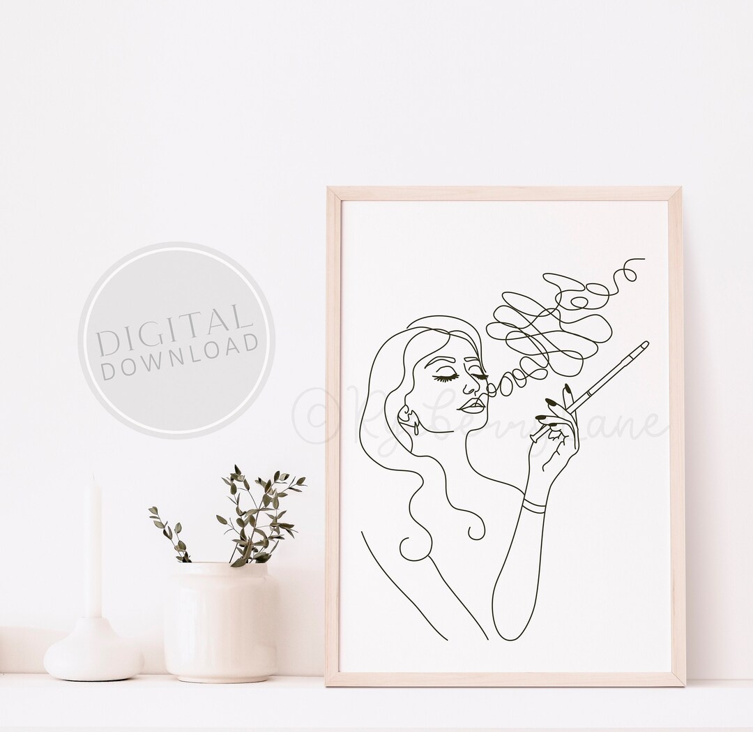 Smoking Woman Line Art Print Bar Art Print Cigarette Line Art Drawing ...