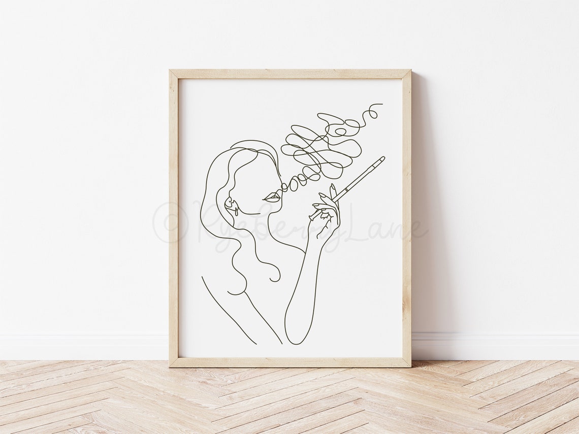 Smoking Woman Line Art Print Bar Art Print Cigarette Line Art - Etsy