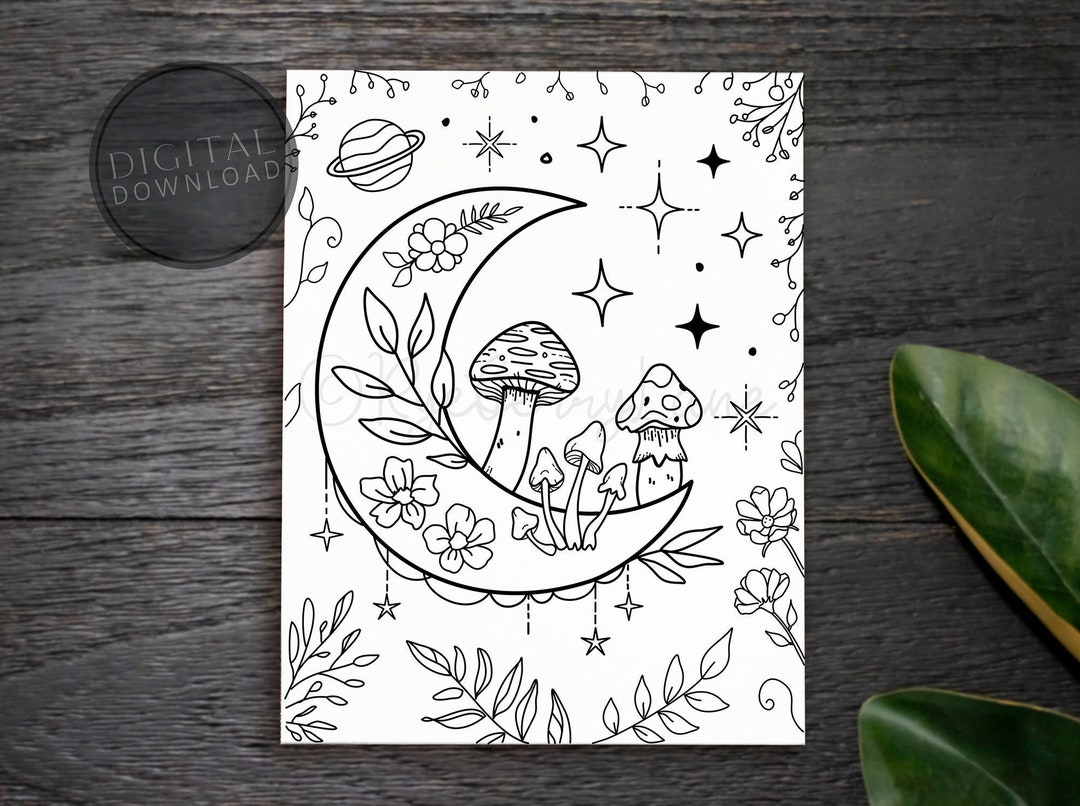 Moon Coloring Page PRINTABLE Magic Mushrooms Coloring Page Digital ...