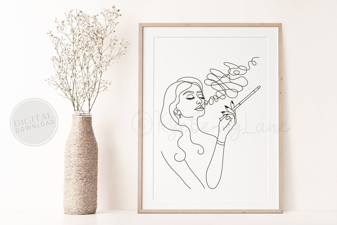 Smoking Woman Line Art Print Bar Art Print Cigarette Line Art - Etsy