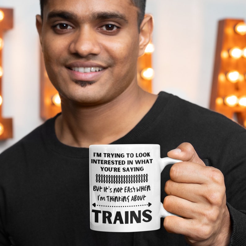 Train Mug, Thinking About Trains, Train Enthusiast Gift, Train Spotter ...