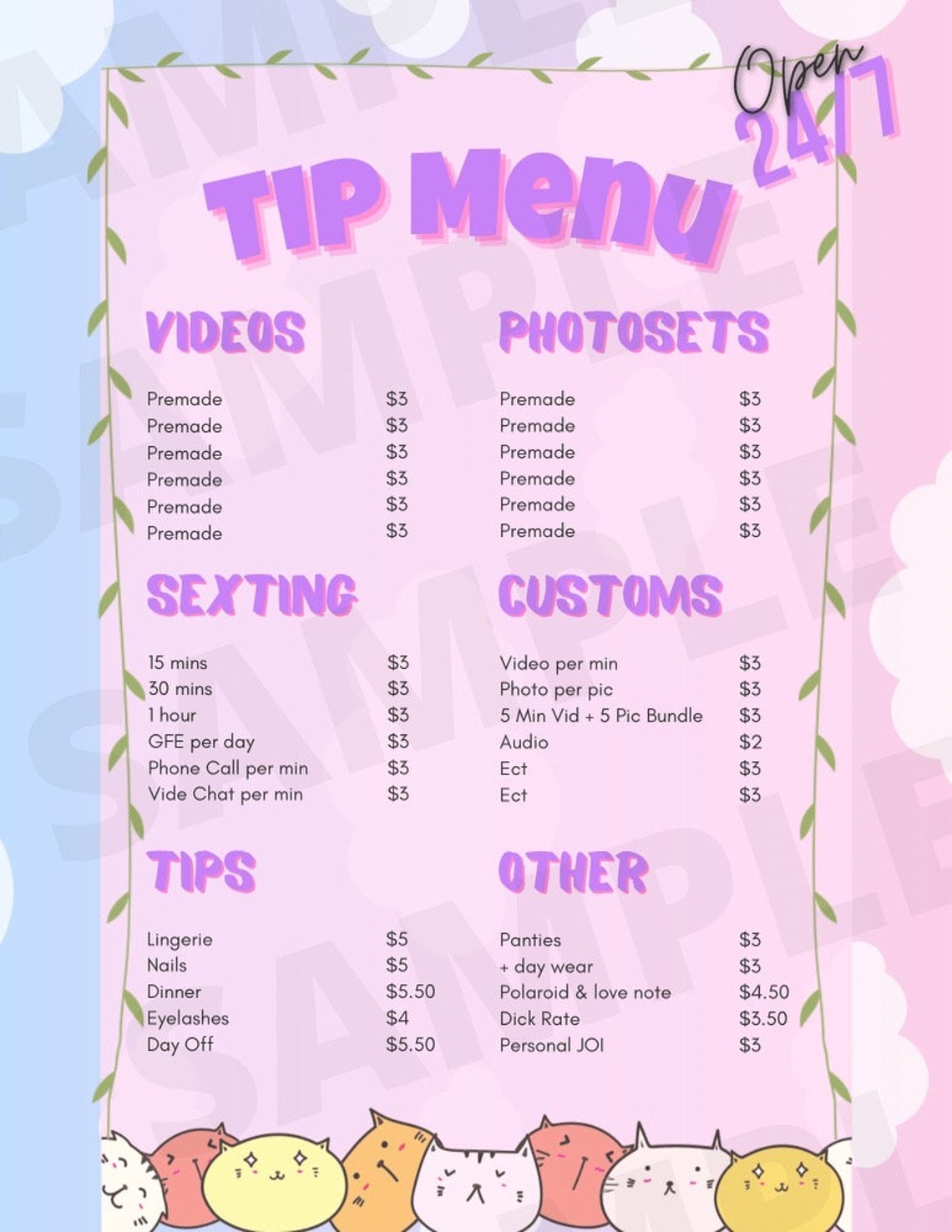 Cute Onlyfans Tip Menu Etsy Denmark