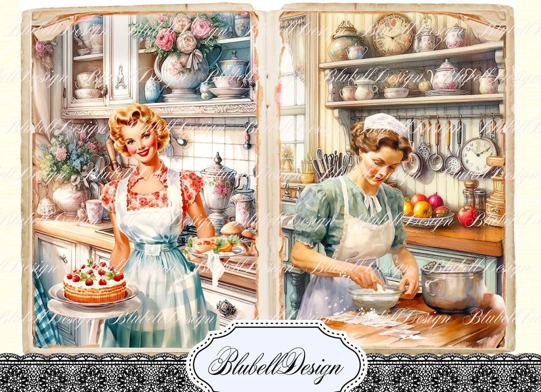 Vintage Digital Paper Kitchen Recipe Book Scrapbooking Kit Junk Journal ...