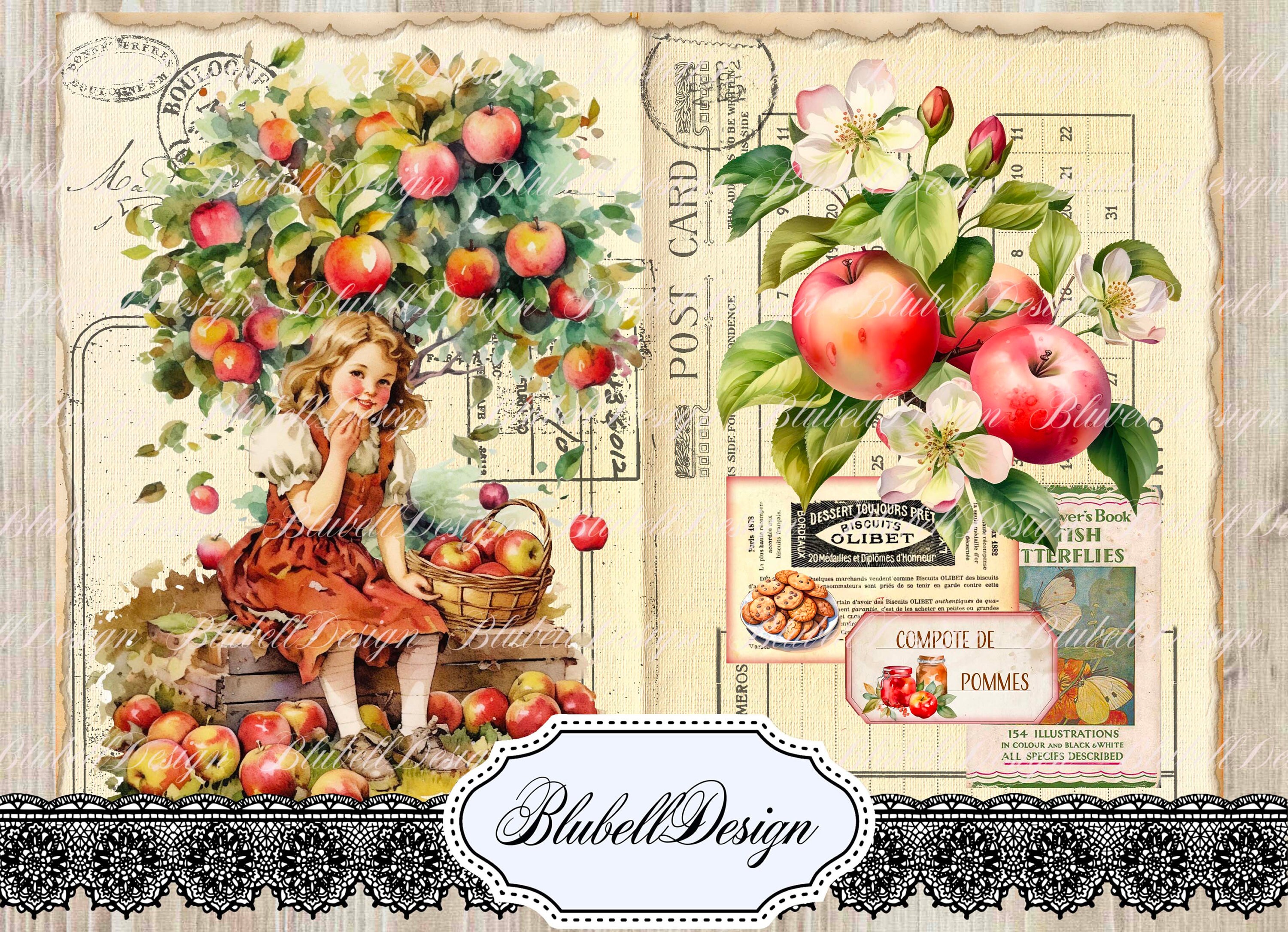 Vintage Digital Paper "apple Season" Scrapbooking Kit Junk Journal ...
