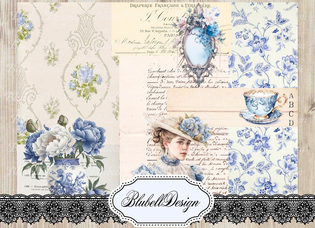 Victorian Digital Paper "shades of Blue" Scrapbooking Junk Journal Kit ...