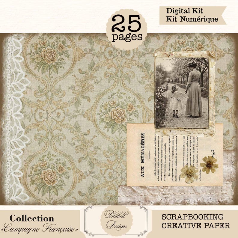 Papier créatif numérique vintage neutre "Campagne Française ...