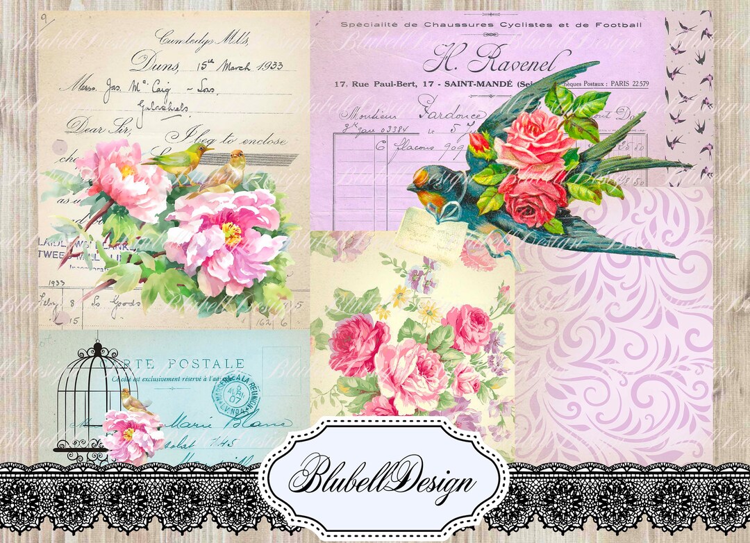 Vintage Printed Paper Kit "pretty Bird" Scrapbooking Junk Journal Kit ...