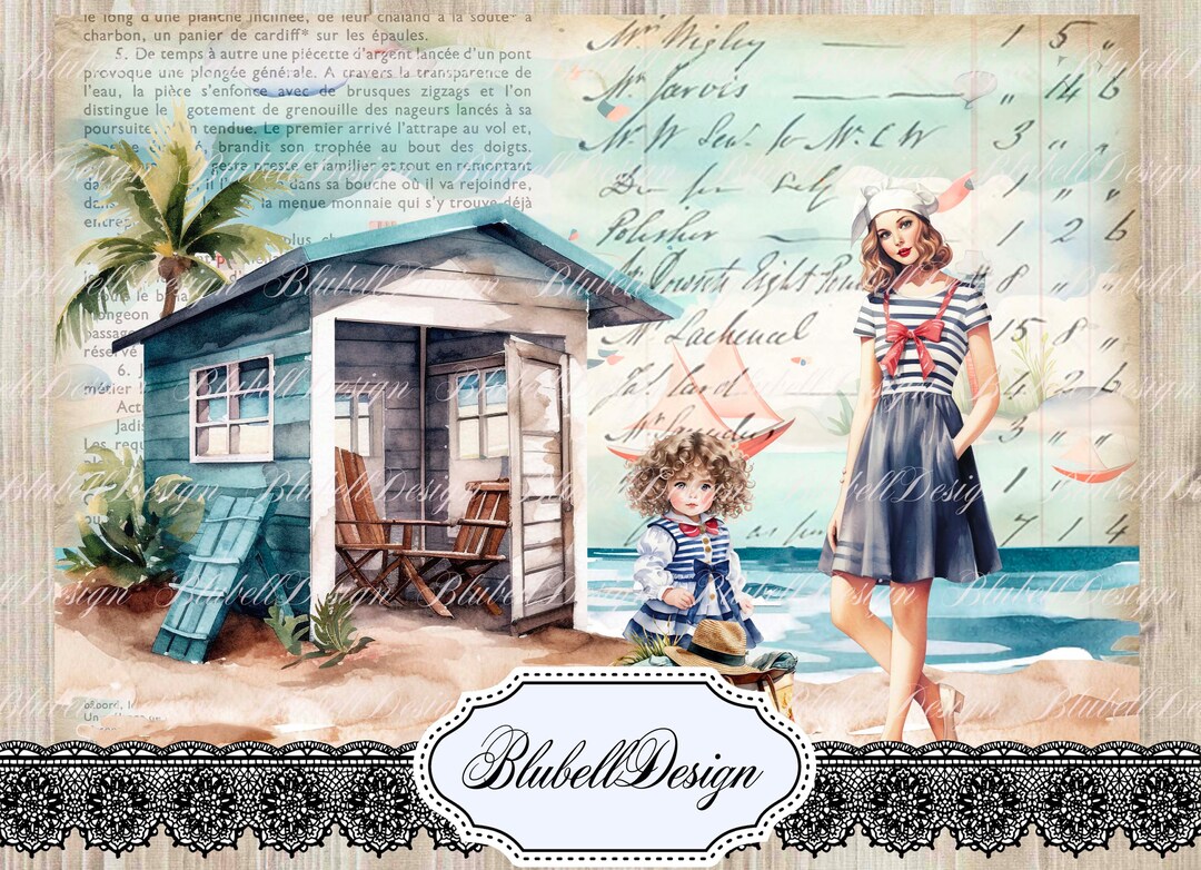 Vintage Printed Paper Kit vacation by the Sea Junk Journal Scrapbooking ...
