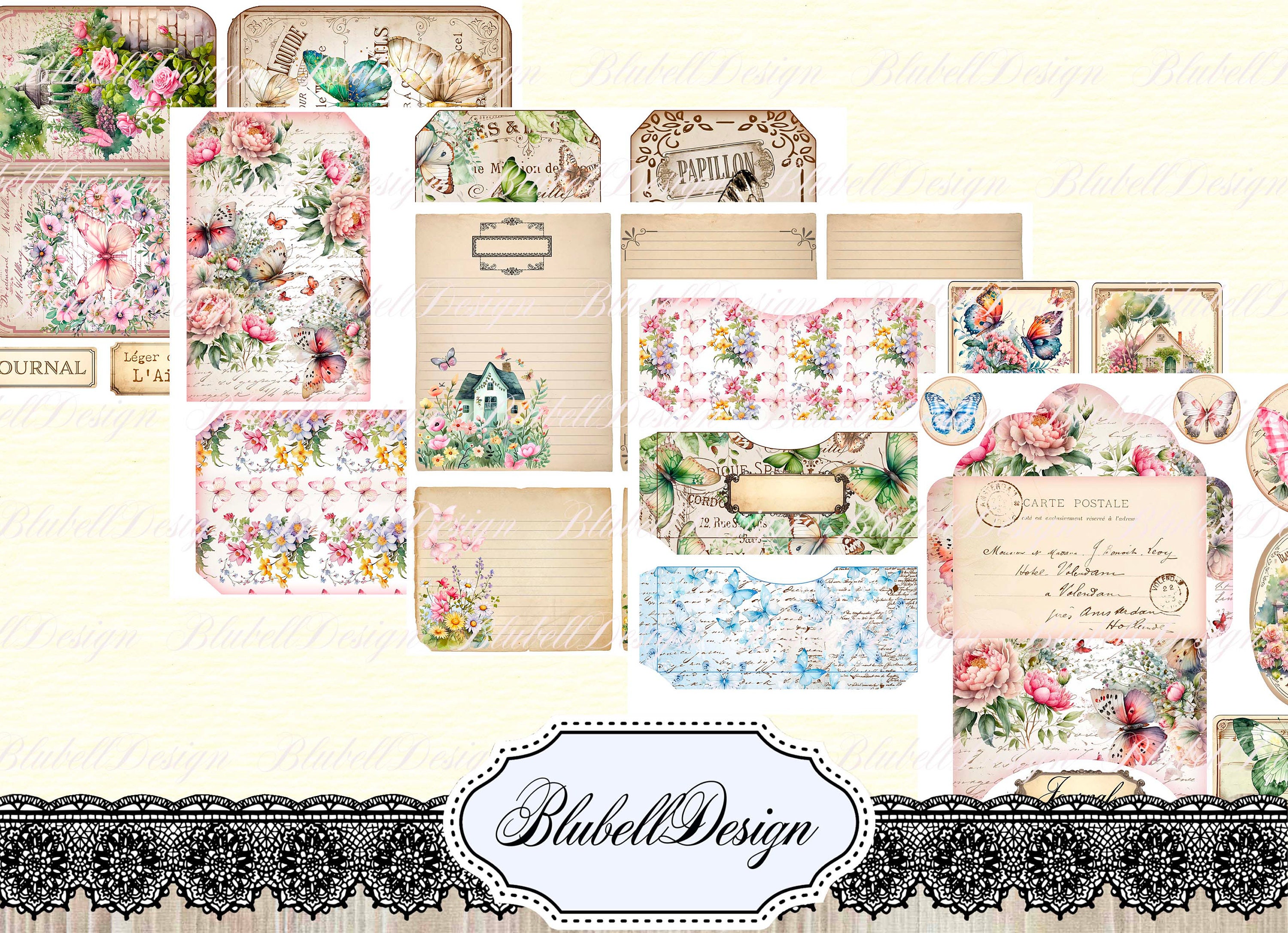 Vintage Printed Paper Kit "flowers and Butterflies" Junk Journal Kit ...