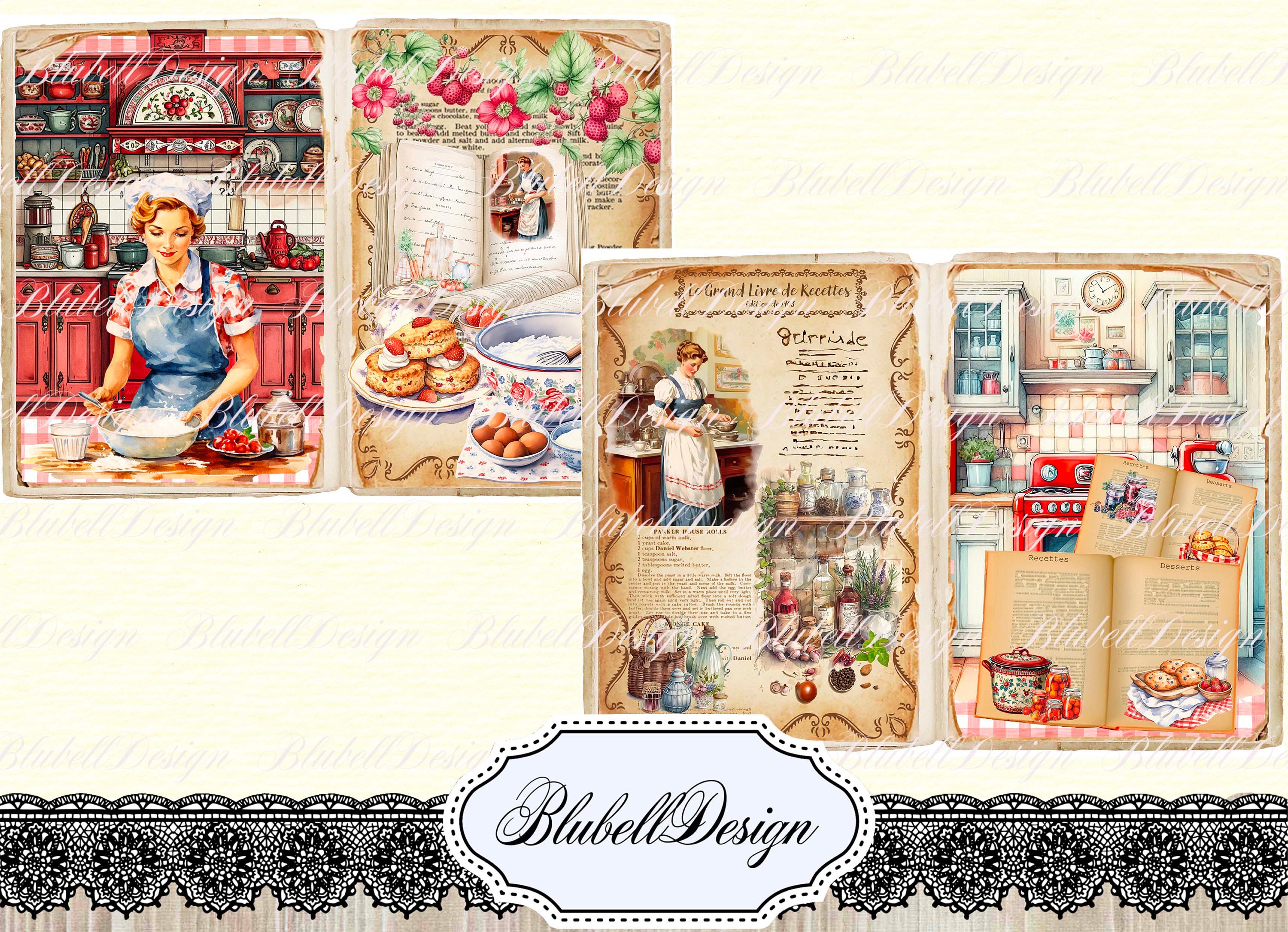 Vintage Digital Paper Kitchen Recipe Book Scrapbooking Kit Junk Journal ...