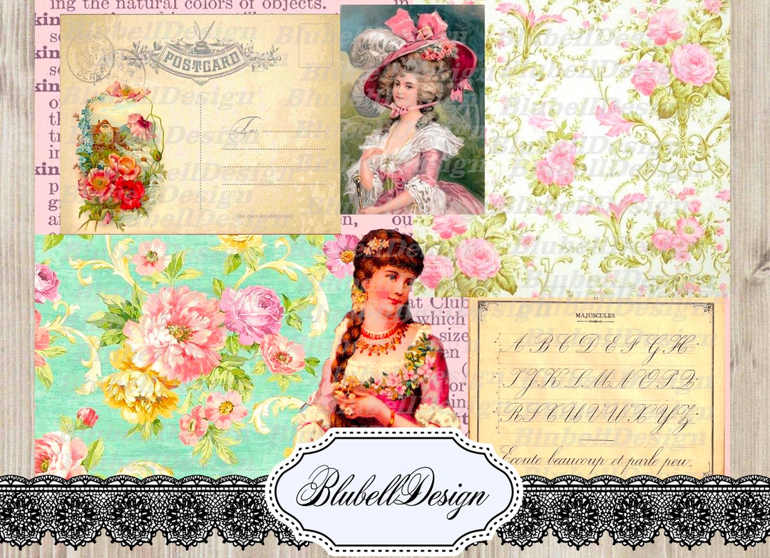 Vintage Printed Paper Kit elegant Collages, Junk Journal Scrapbooking ...