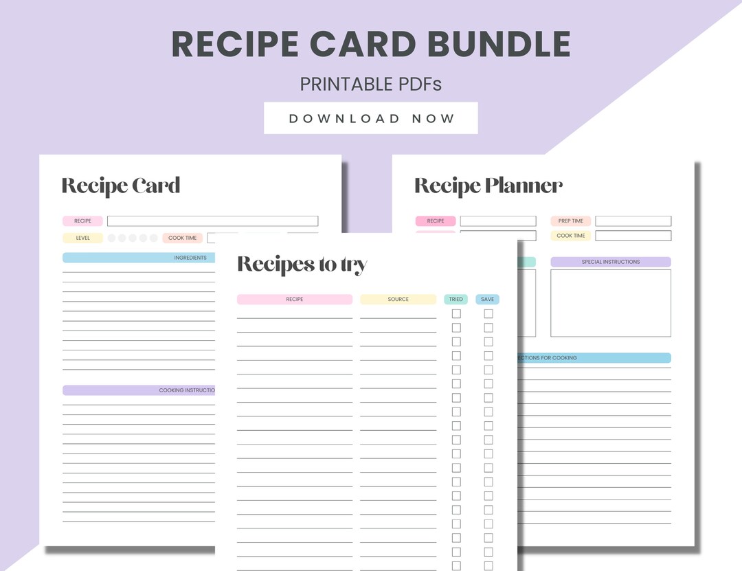 Recipe Card Template Bundle, INSTANT DOWNLOAD, Blank Recipe Sheets for ...