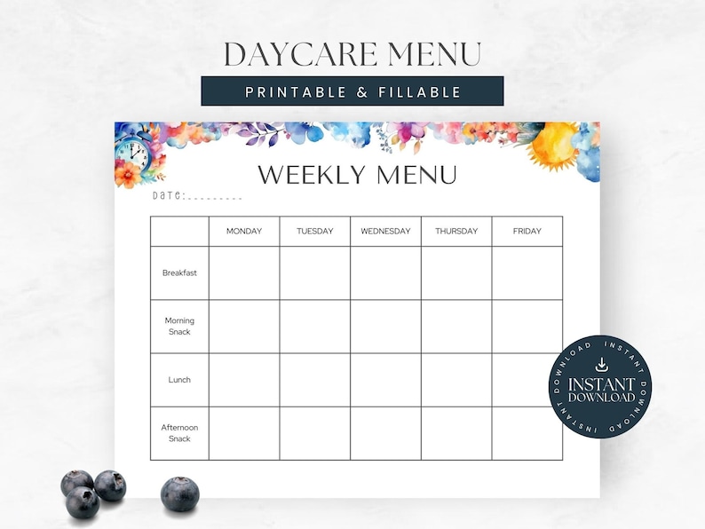 Editable Weekly Daycare Menu, Printable Homeschool Menu, Template for ...
