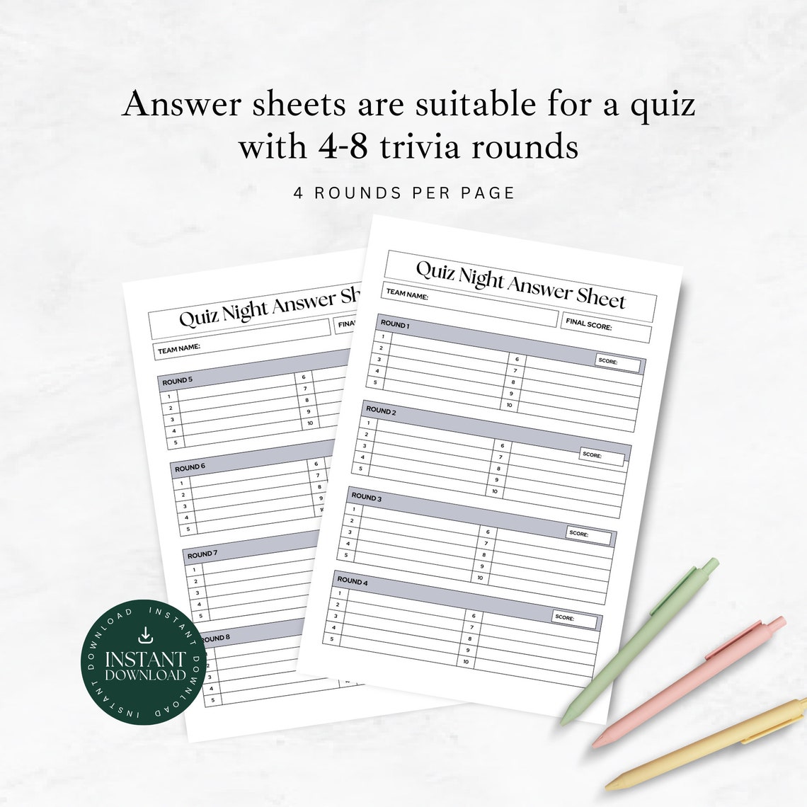 Trivia Night Answer Sheet, 4-8 Rounds, Downloadable Pdfs, Printable Pub ...