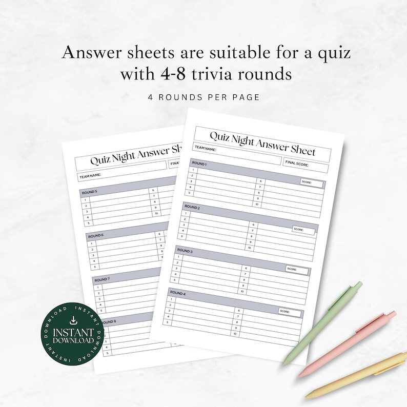 Trivia Night Answer Sheet, 4-8 Rounds, Downloadable Pdfs, Printable Pub ...