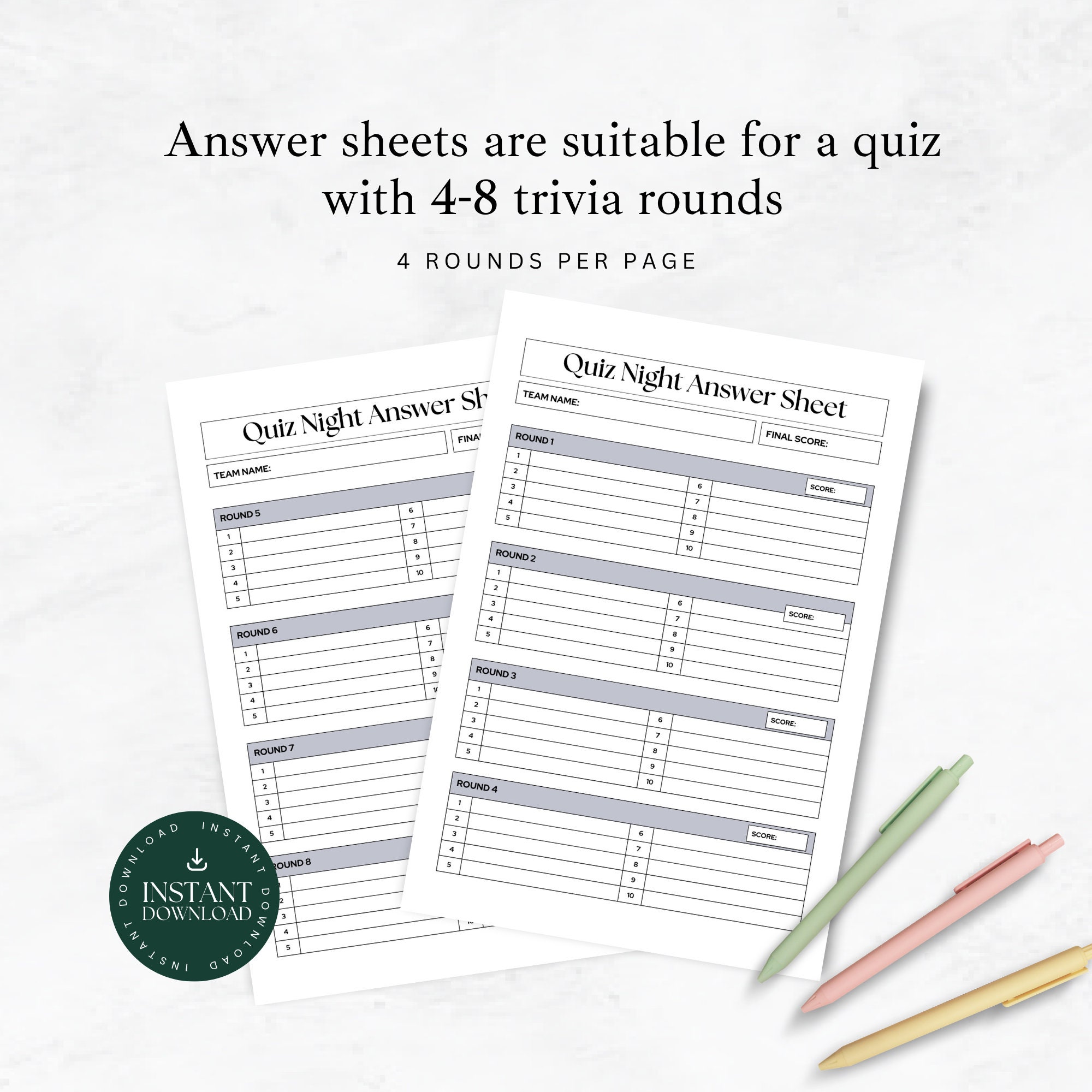 Trivia Night Answer Sheet, 4-8 Rounds, Downloadable Pdfs, Printable Pub ...