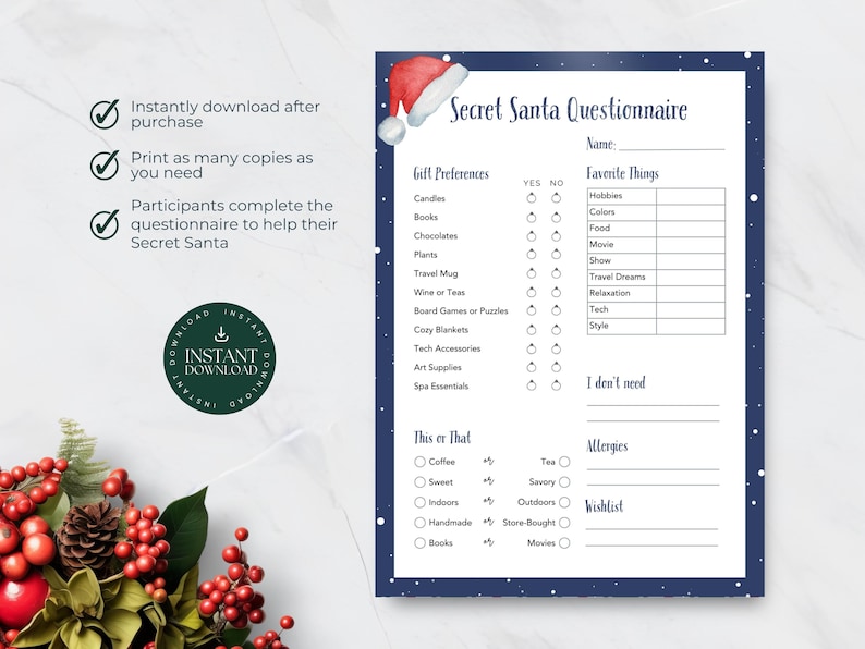 Secret Santa Questionnaire Coworkers Editable, Christmas Wish List ...