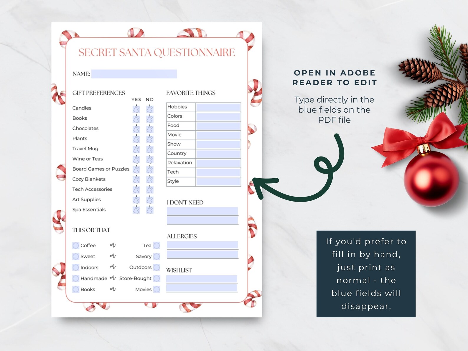 Secret Santa Quiz Printable, Holiday Gift Exchange Questionnaire, PDF ...