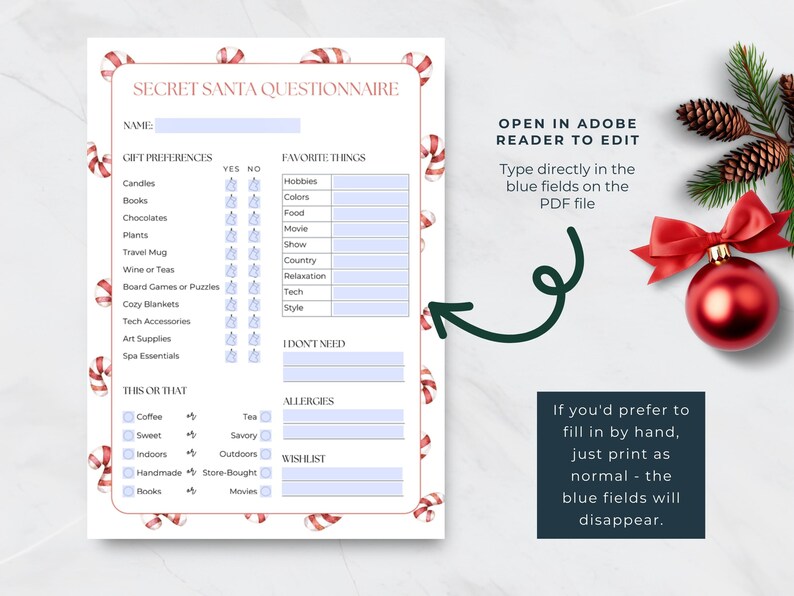 Secret Santa Quiz Printable, Holiday Gift Exchange Questionnaire, PDF ...