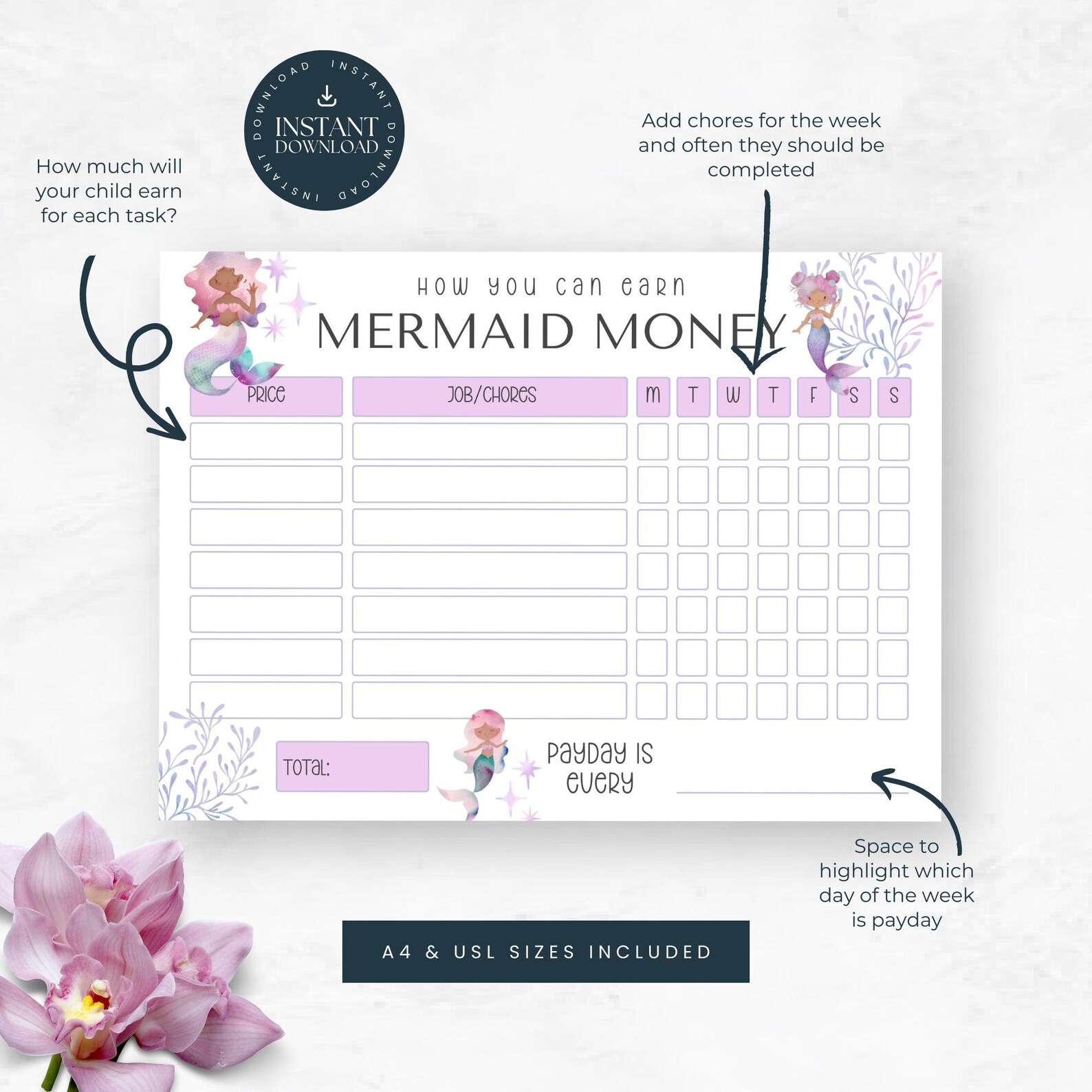 Mermaid Chore Chart for Kids, Printable Daily Responsibility Reward ...