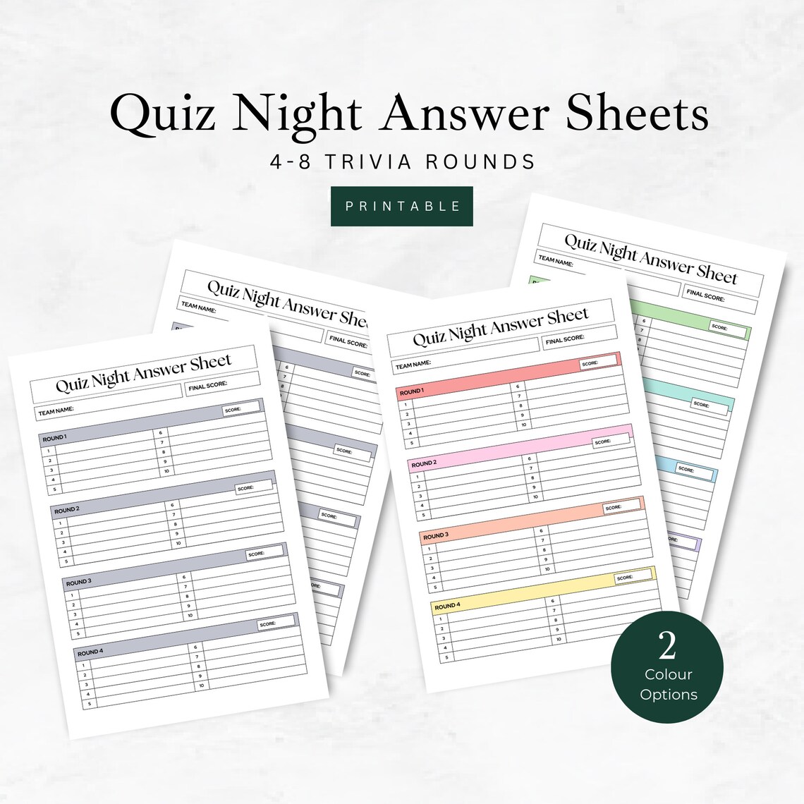 Trivia Night Answer Sheet, 4-8 Rounds, Downloadable Pdfs, Printable Pub ...