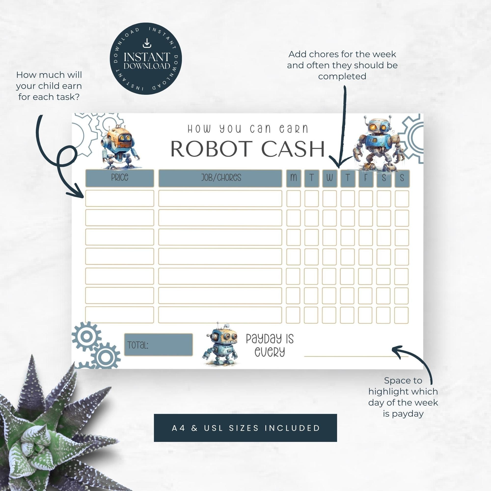 Robot Reward Chart, Kids Chore Chart to Earn Money, Allowance Tracker ...