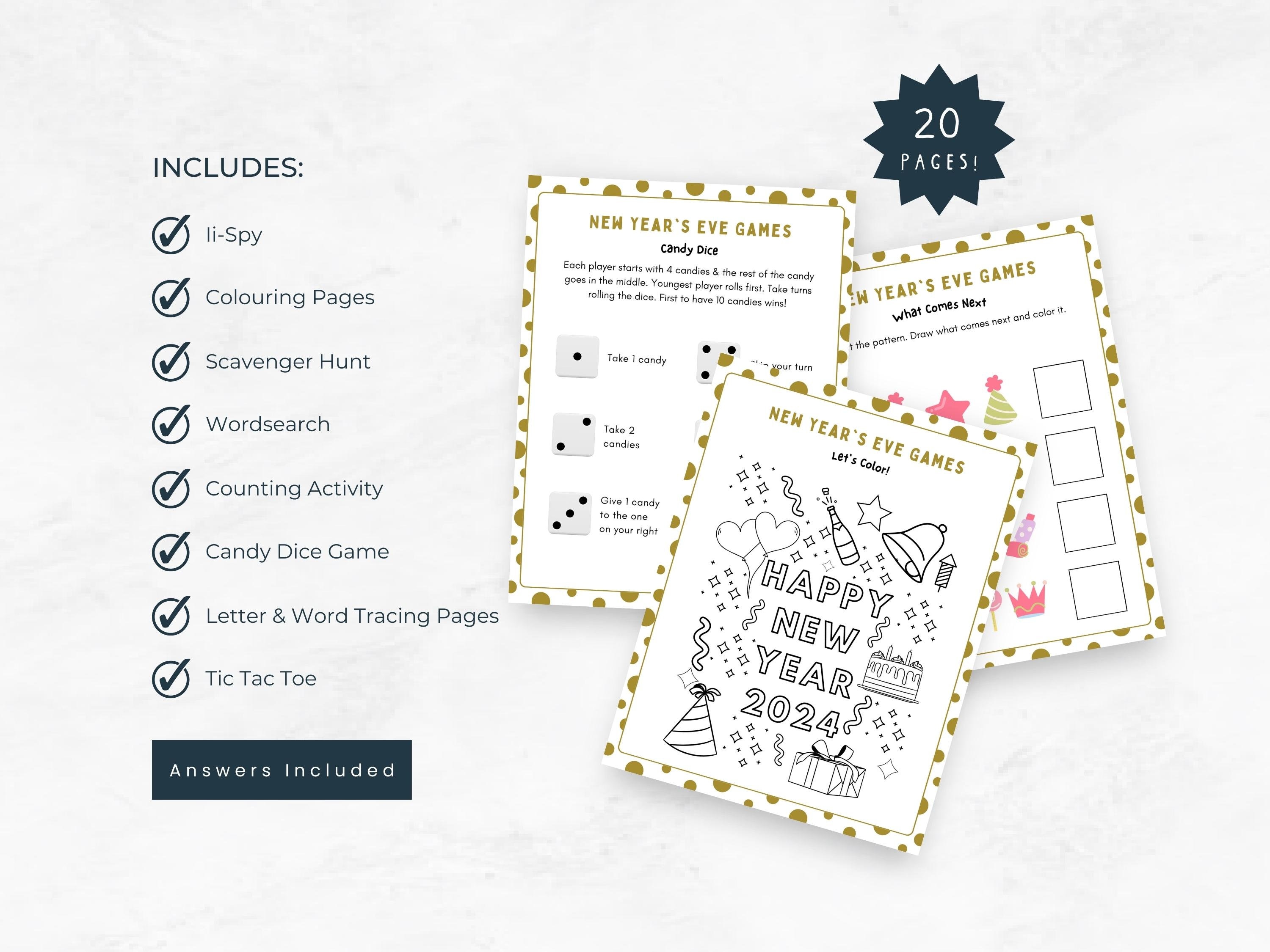 New Year's Activities for Kids, Printable New Year's Eve Games, 20 Page ...