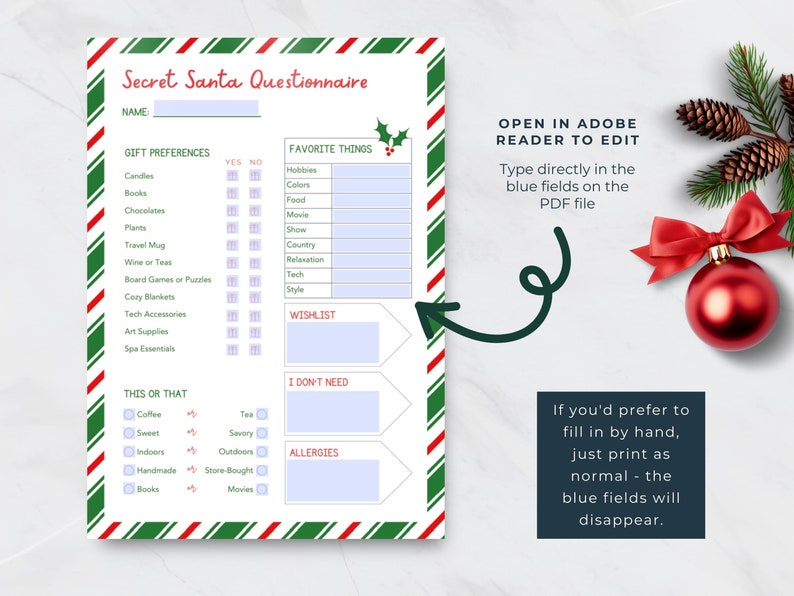 Christmas Secret Santa Questionnaire, Secret Santa Survey, Holiday Gift ...