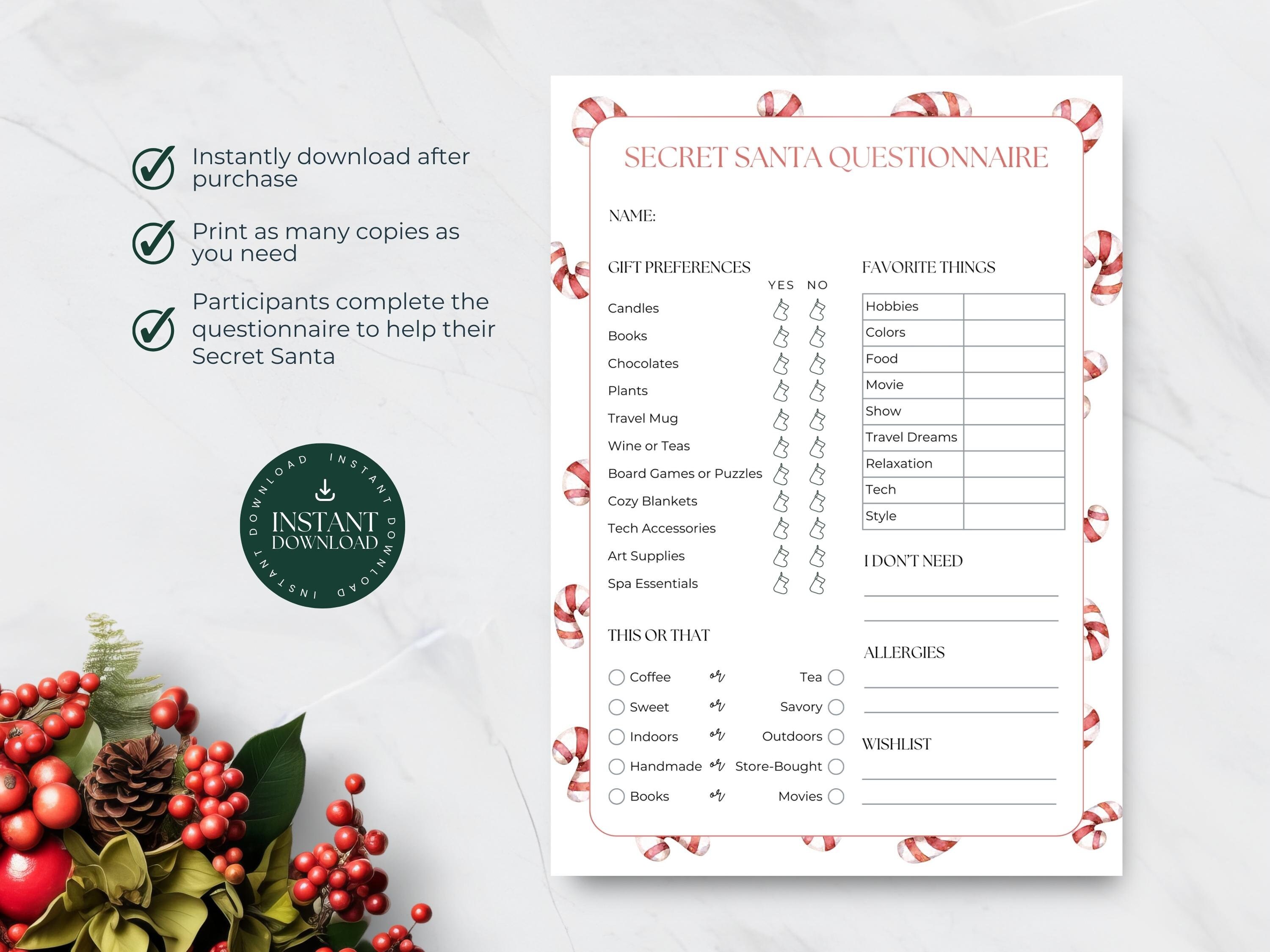 Secret Santa Quiz Printable, Holiday Gift Exchange Questionnaire, PDF ...