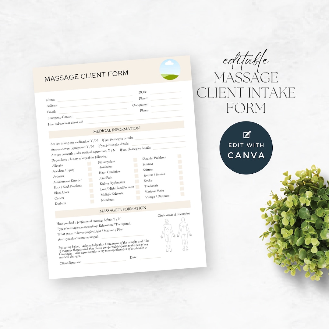 Massage Intake Form, Editable Massage Treatment Form, CANVA TEMPLATE ...