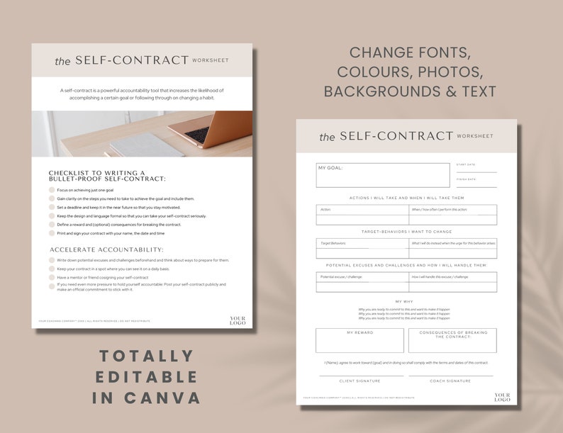 Self Contract Client Worksheet CANVA TEMPLATE Coaching - Etsy