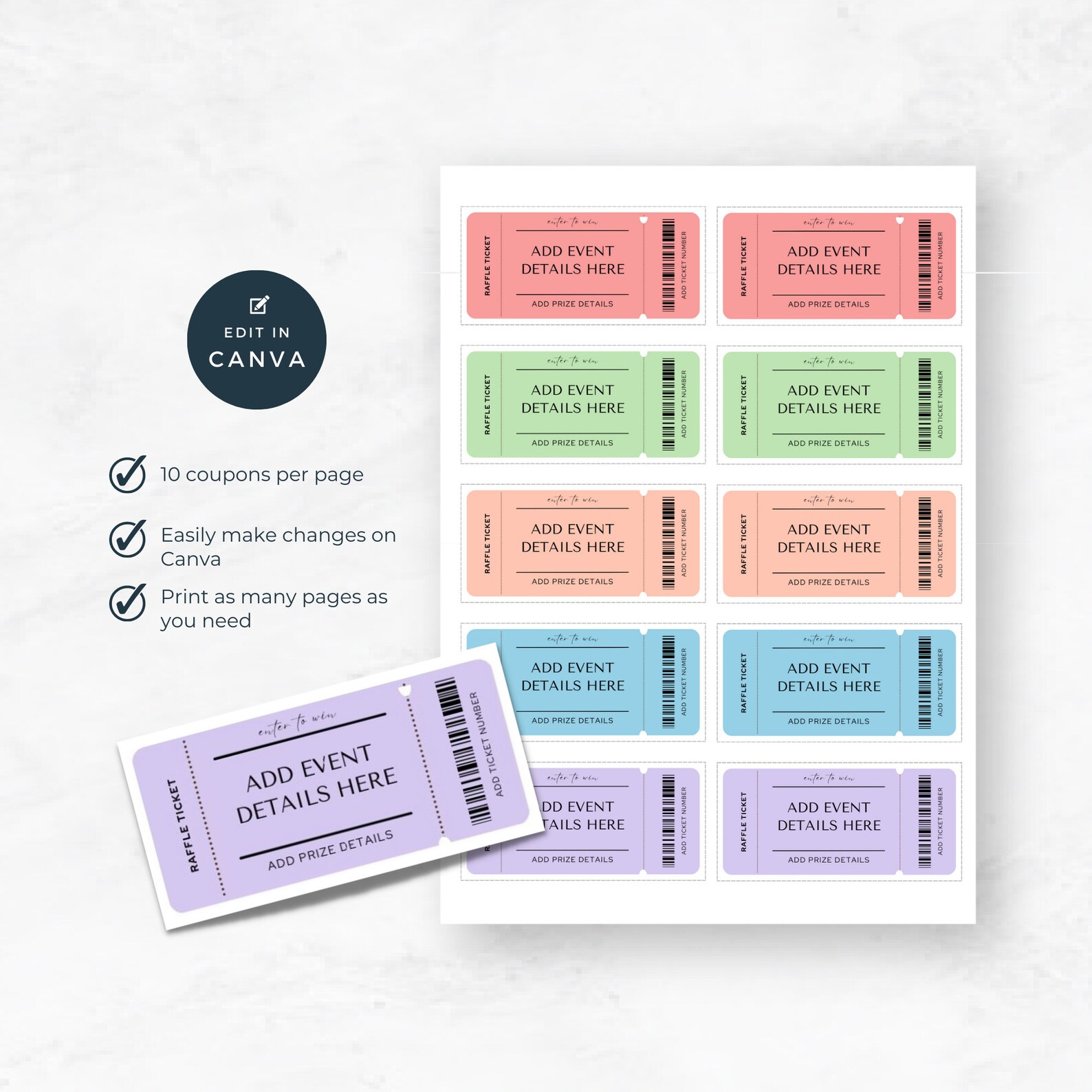 Editable Raffle Ticket Template in Multiple Colours, CANVA TEMPLATE ...