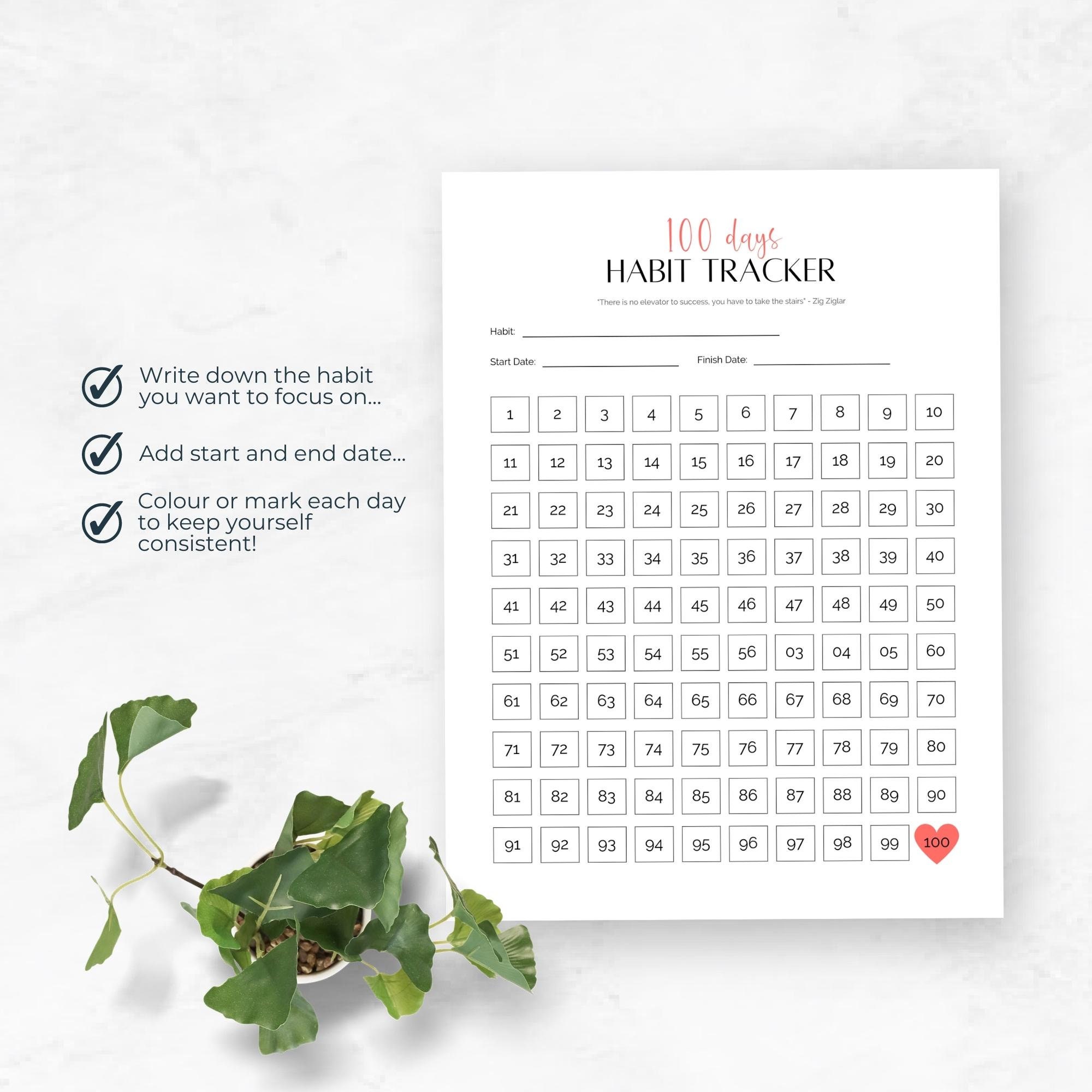 100 Day Habit Tracker, Printable PDF | Digital Planner, Daily Goal ...