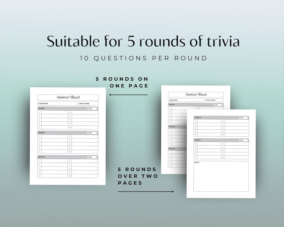Trivia Night Answer Sheet, 5 Rounds 10 Questions, Downloadable PDF ...