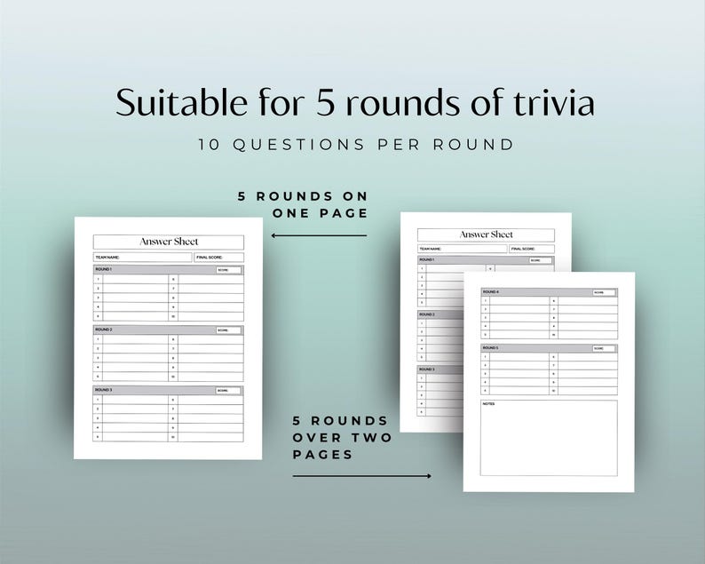 Trivia Night Answer Sheet, 5 Rounds 10 Questions, Downloadable PDF ...