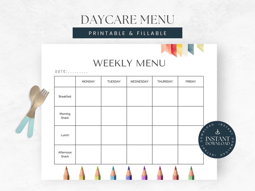 Editable Weekly Daycare Menu, Printable Preschool Meal Planner ...