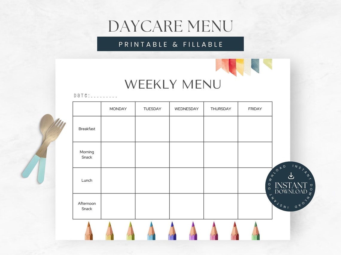 Editable Weekly Daycare Menu, Printable Preschool Meal Planner ...