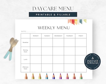 Editable Weekly Daycare Menu, Printable Homeschool Menu, Template for Daycare Providers ...