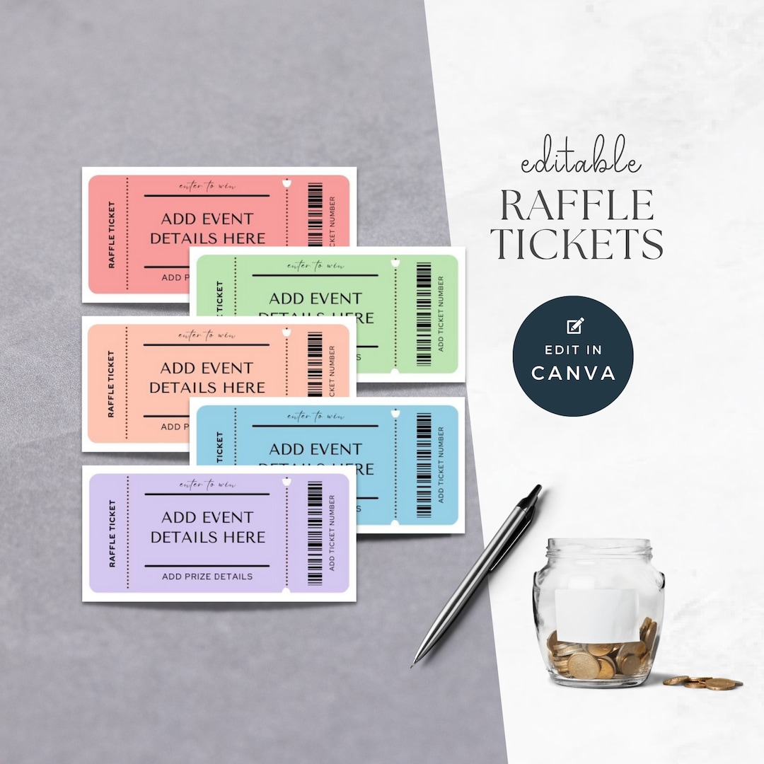 Editable Raffle Ticket Template in Multiple Colours, CANVA TEMPLATE ...