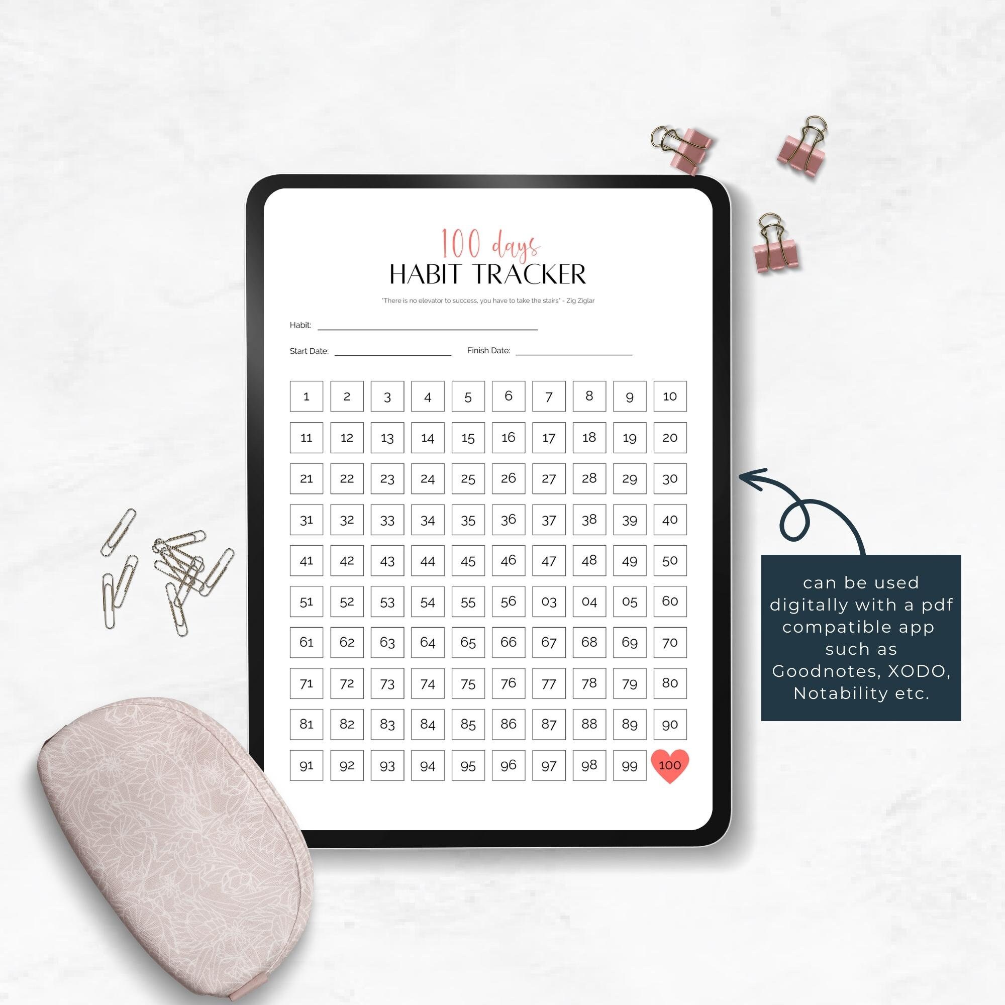 100 Day Habit Tracker, Printable PDF | Digital Planner, Daily Goal ...