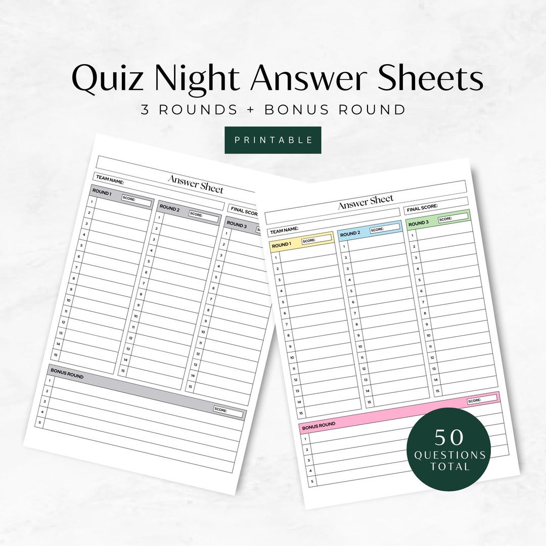 Trivia Night Answer Sheet, 3 Rounds + Bonus / 50 Questions, Printable ...