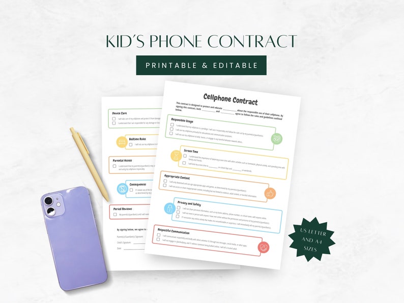 Printable Cell Phone Contract, Mobile Phone Agreement for Kids, First ...