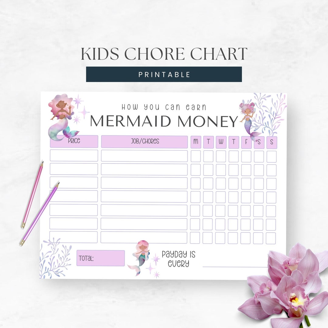Mermaid Chore Chart for Kids, Printable Daily Responsibility Reward ...