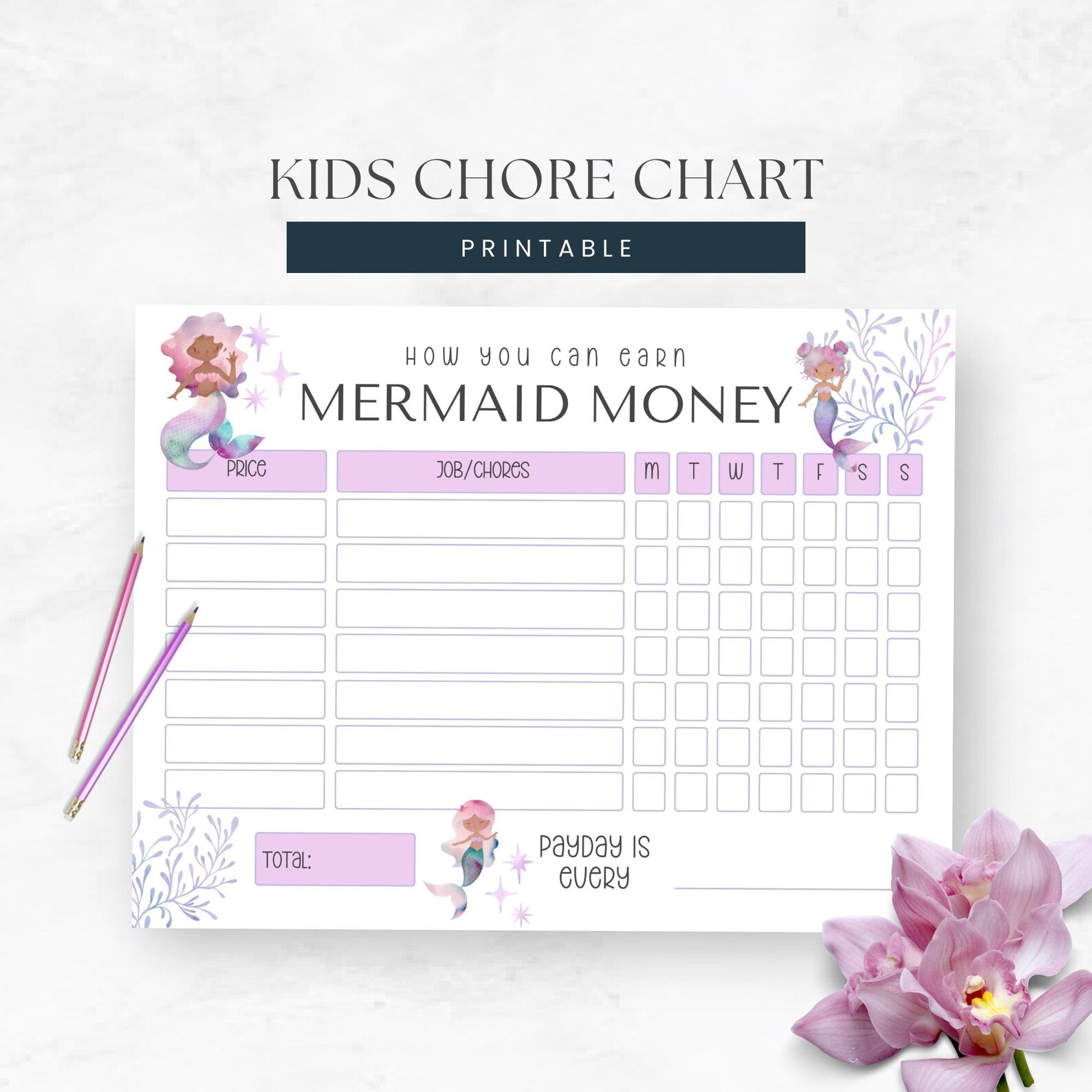 Mermaid Chore Chart for Kids, Printable Daily Responsibility Reward ...