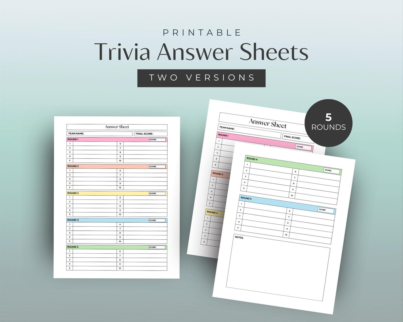 Trivia Night Answer Sheet, 5 Rounds 10 Questions, Downloadable PDF ...