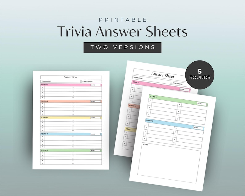 Trivia Night Answer Sheet, 5 Rounds 10 Questions, Downloadable PDF ...